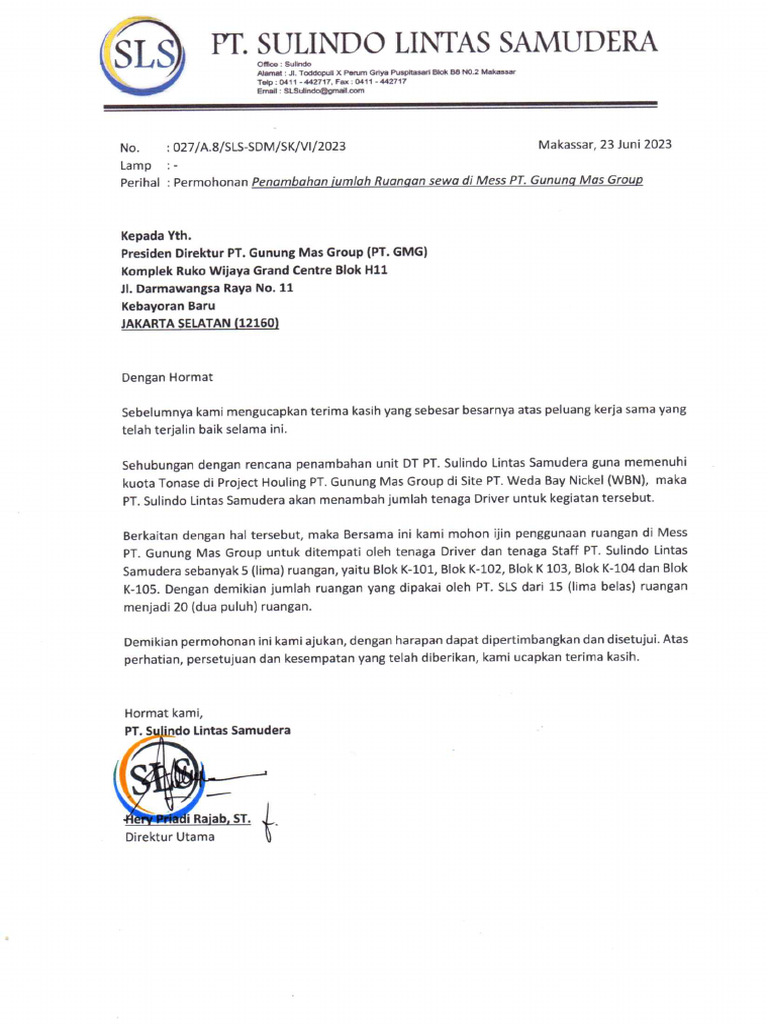 Permohonan Penambahan Ruang Mess SLS20230626 - 11593876 | PDF