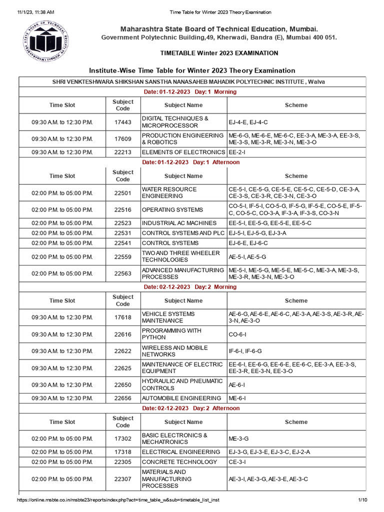 Final Time Table for Winter 2023 Theory Examination | PDF | Engineering | Electrical Engineering