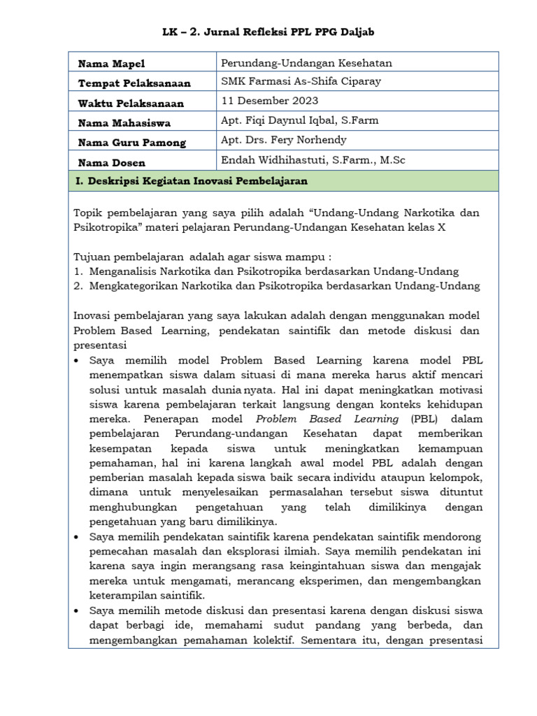 LK 2 Jurnal Refleksi PPL PPG Daljab | PDF | Karier & Perkembangan