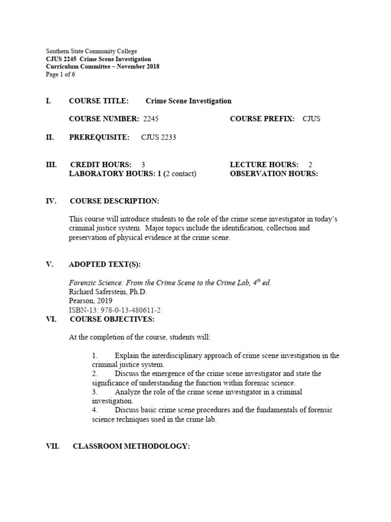 CJUS 2245 - Crime Scene Investigation | PDF | Crime Scene | Forensic ...