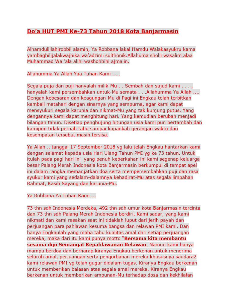 Doa HUT PMI Ke 73 THN 2018 (Gusti Kurniawan) | PDF