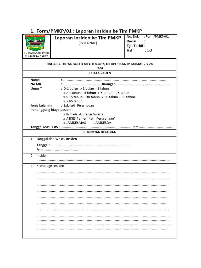 1.form Laporan Insiden Ke Tim PMKP | PDF | Teknologi & Rekayasa