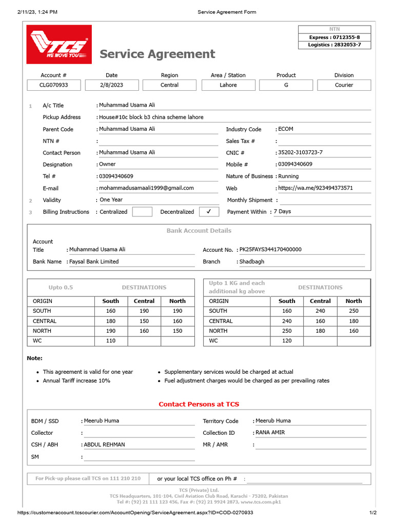 TCS Service Agreement Form | PDF | Government | Service Industries