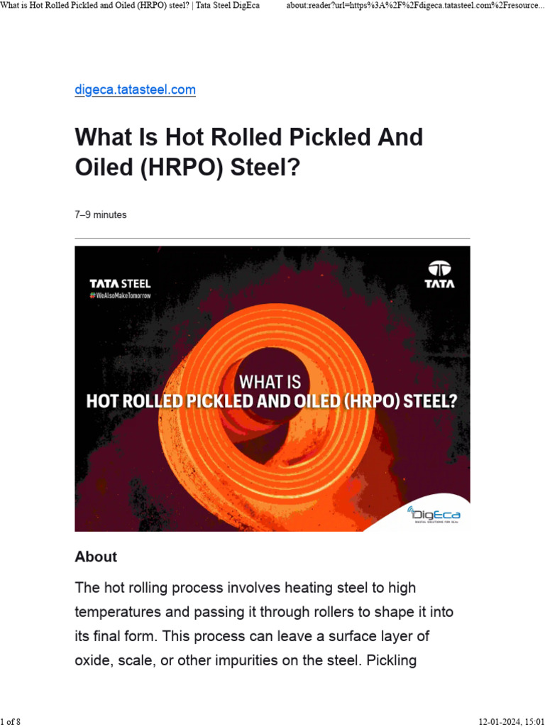 What Is Hot Rolled Pickled and Oiled (HRPO) Steel Tata Steel DigEca | PDF | Steel | Rolling ...