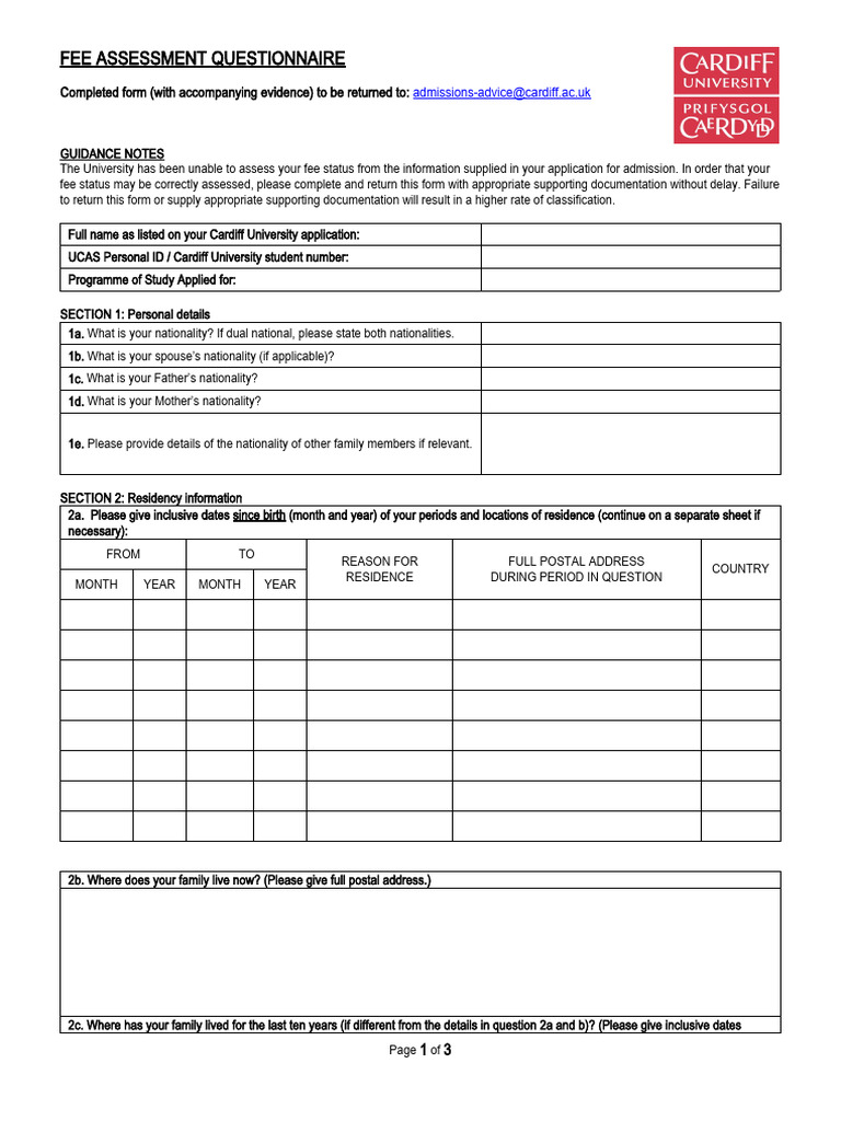 Fee Assessment Questionnaire Jan 2021 | PDF | International Law | International Relations