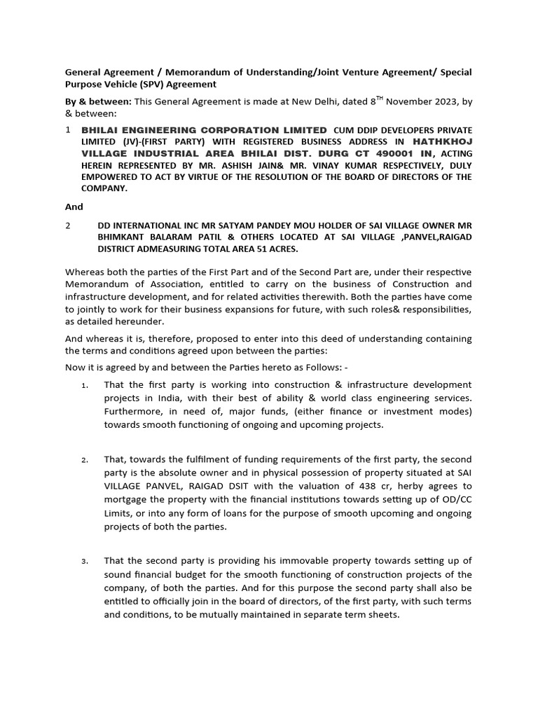 SPV Agreement With Land Asset, With JV GROUP BEC-DDIP | PDF | Arbitration | Banks