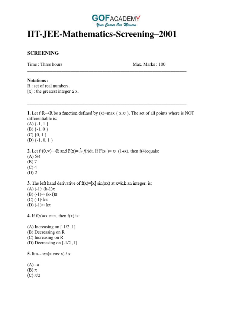 IIT-JEE 2001 Mathematics Screening Paper | PDF