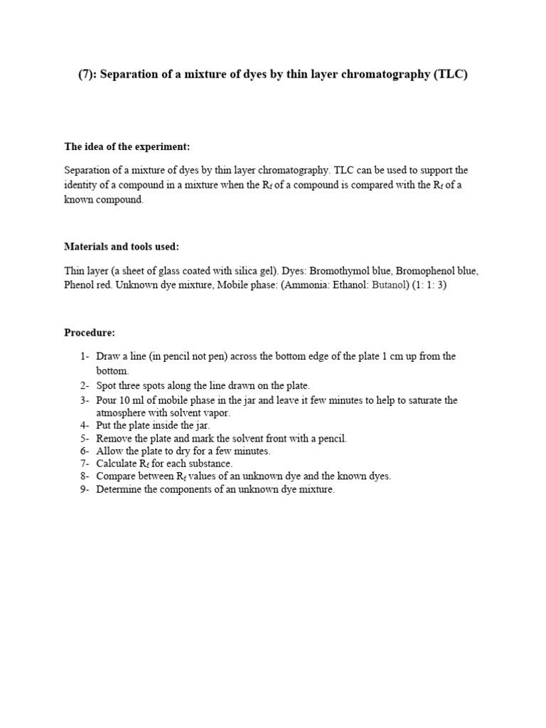 7 Separation of A Mixture of Dyes by Thin Layer Chromatography TLC | PDF