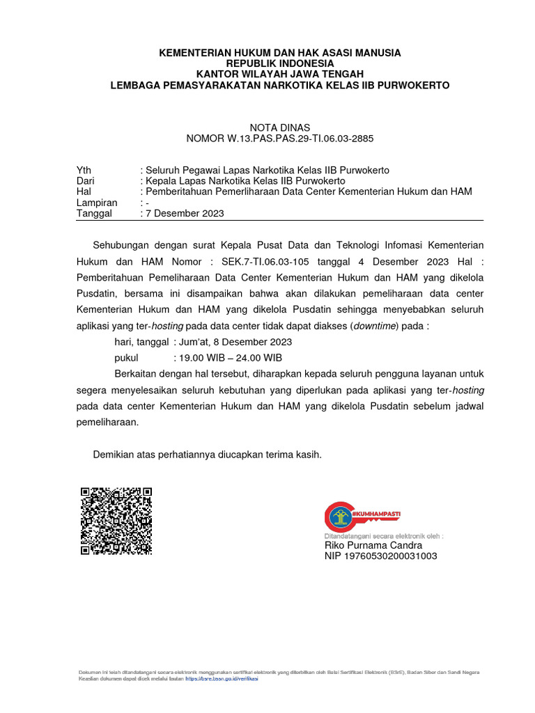 Nota Dinas Pemberitahuan Data Center Pusdatin | PDF