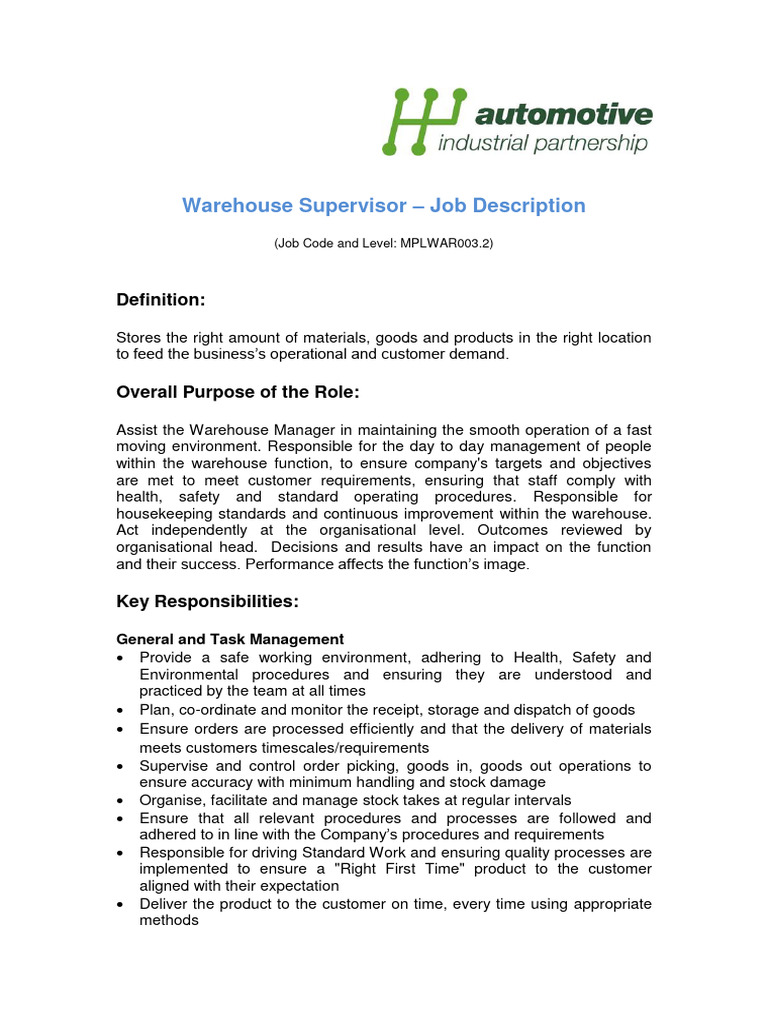 Warehouse Supervisor Generic JD | PDF | Warehouse | Safety