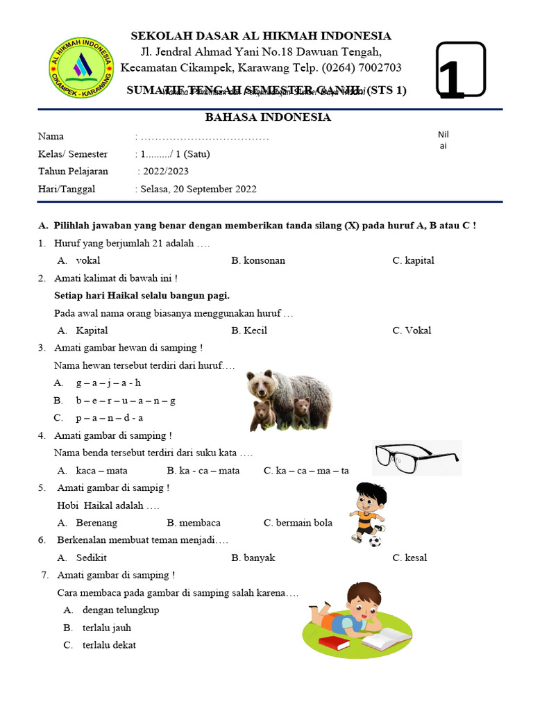 Contoh Soal STS 1 Bahasa Indonesia Kelas 1 | PDF