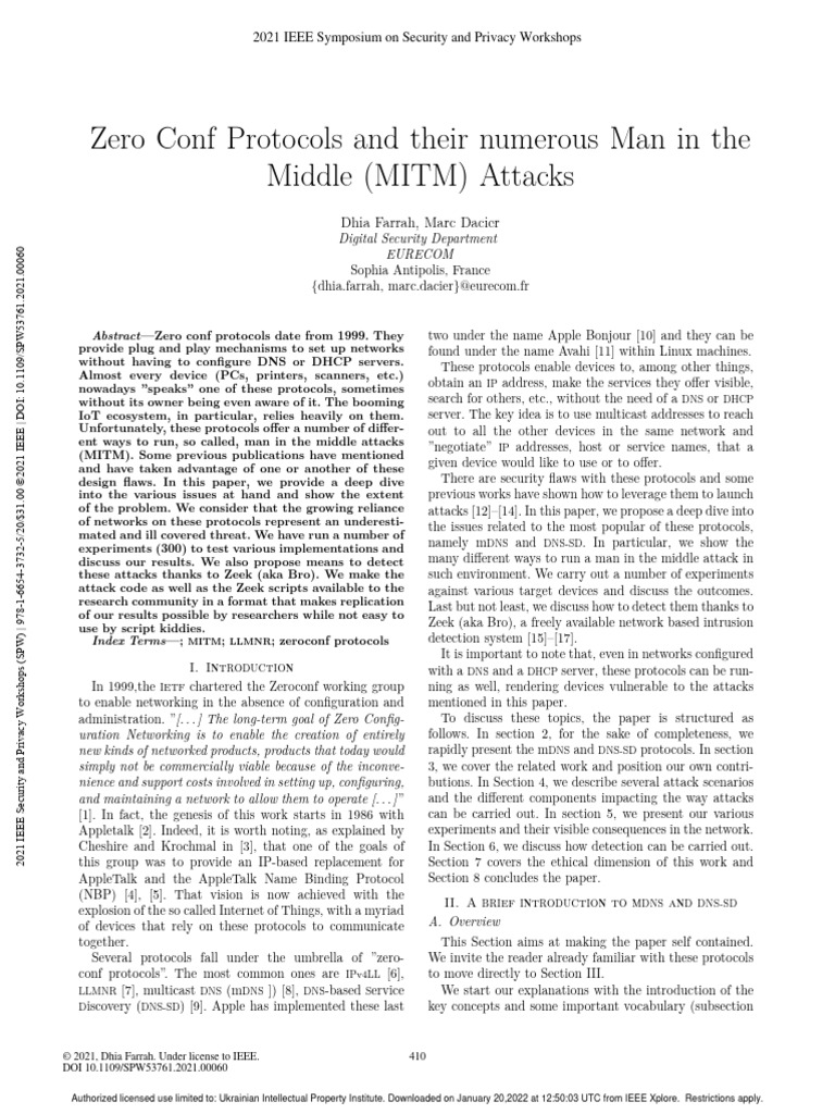 Zero Conf Protocols and Their Numerous Man in The Middle MITM Attacks | PDF | Domain Name System ...