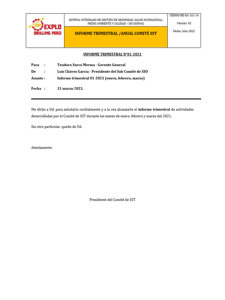 RE-EA-131-14 Formato Informe Trimestral Anual Del CSST | PDF