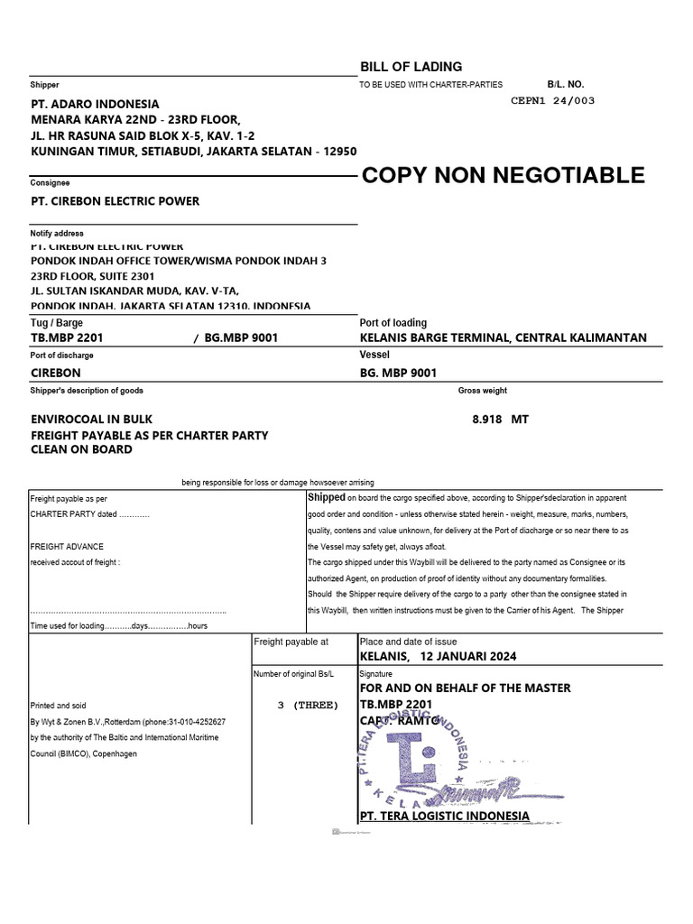 Copy Non Negotiable: Bill of Lading | PDF | Cargo | Transport