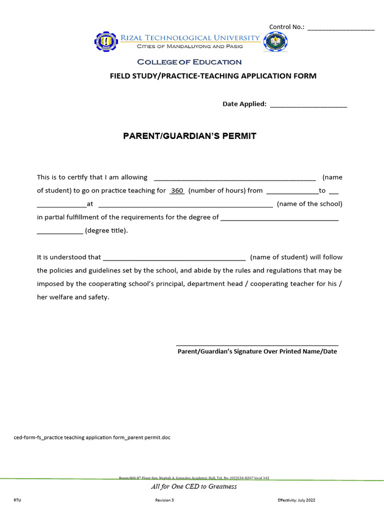 CED-FORM-FS_Practice-Teaching-Application-Form_Parent-Permit(1) | PDF