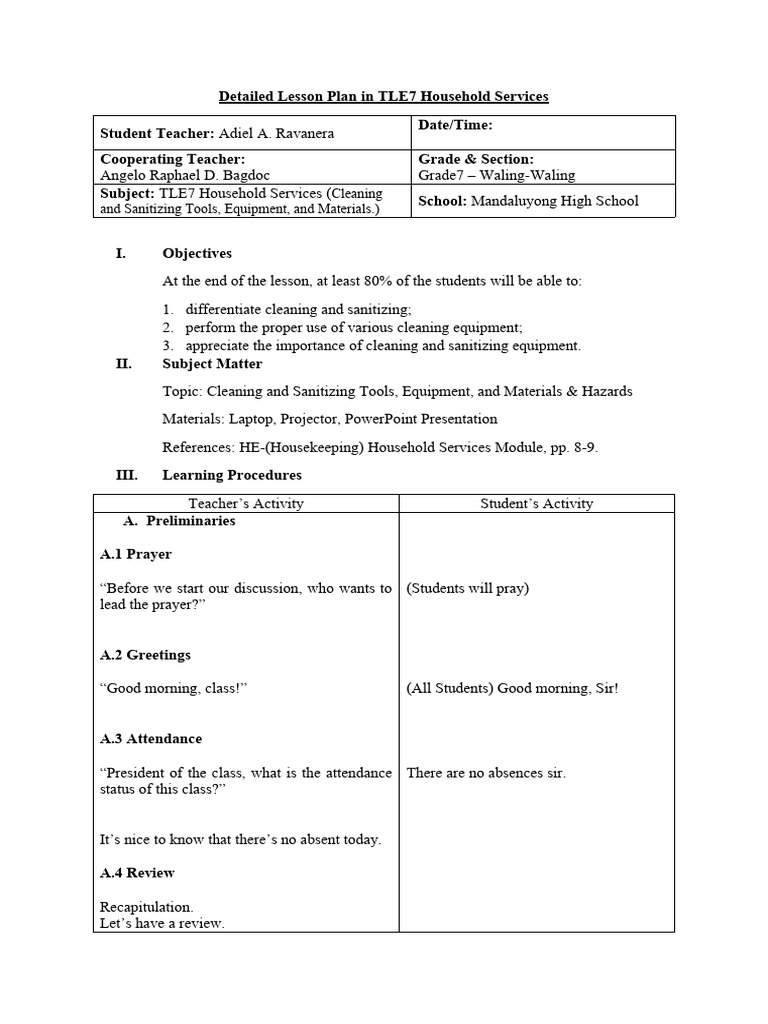 TLE7 Lesson Plan: Household Services | PDF | Vacuum Cleaner | Dust