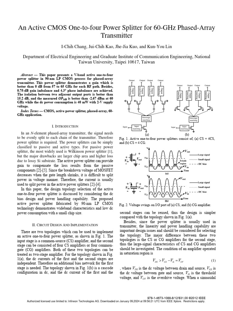 An Active Cmos One To Four Power Splitter For 60 Ghz Phased Array Transmitter Pdf Amplifier