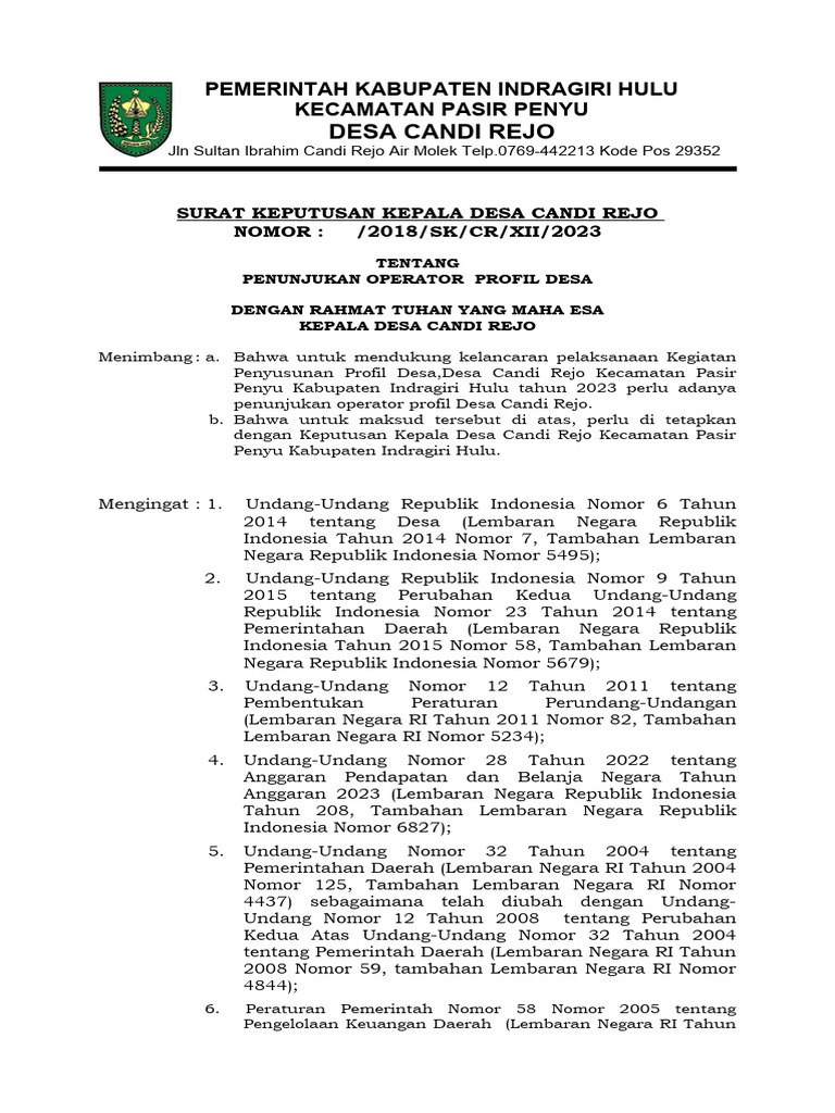 SK Penunjukan Operator Profil Desa | PDF | Pengelolaan Keuangan & Uang