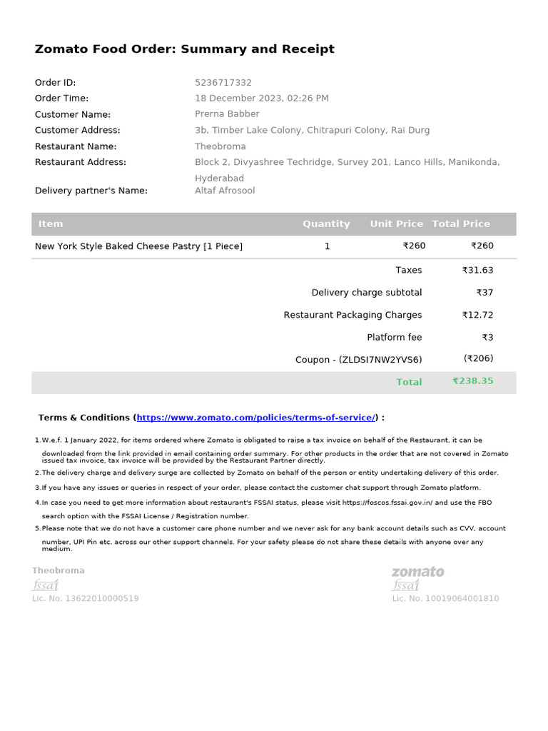 Zomato Cake Order Receipt from Theobroma | PDF