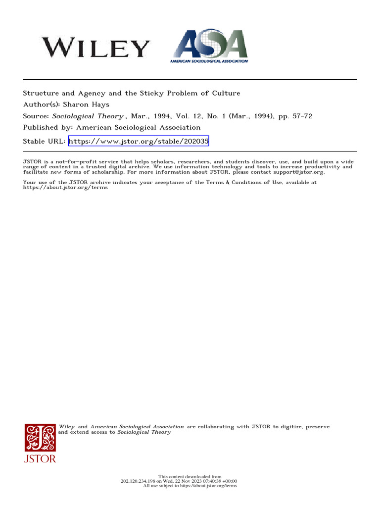 Hays StructureAgencySticky 1994 | PDF | Social Structure | Sociology