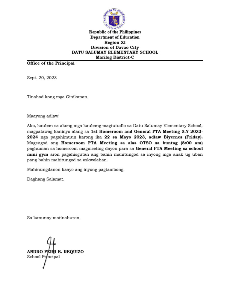 Pta Meeting Announcement Sy 2023 2024 | PDF