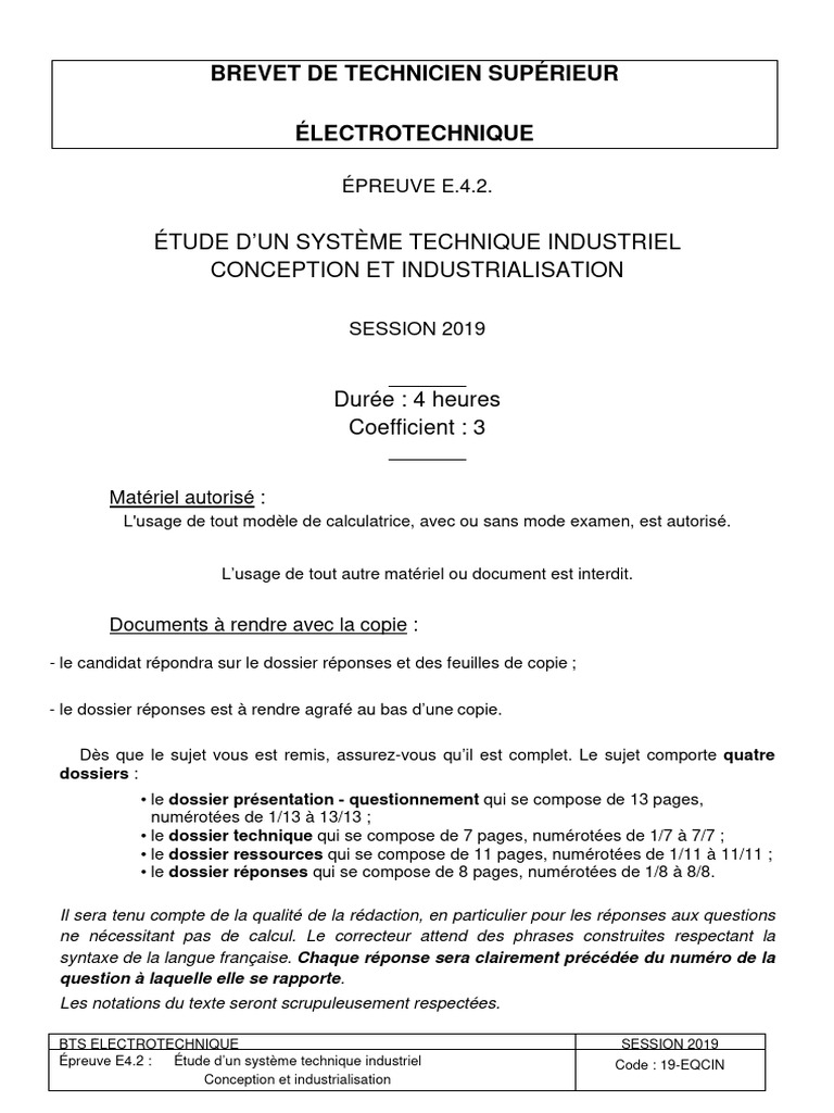Epreuve E42 Bts Elec 2019 Sujet | PDF