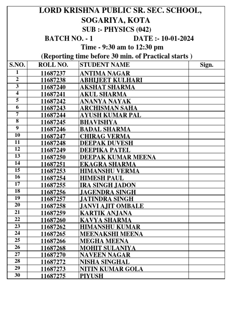 Batch Wise Schedule of PHYSICS Practical | PDF