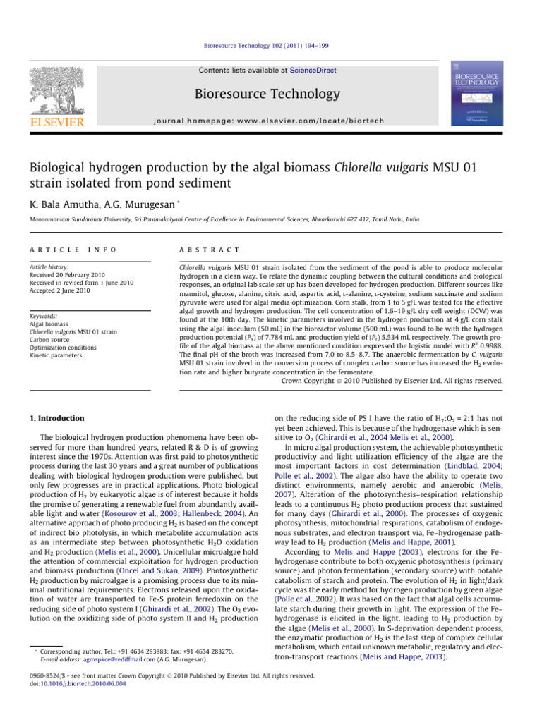 Biological Hydrogen Production by The Algal Biomass Chlorella Vulgaris MSU 01 Strain Isolated ...