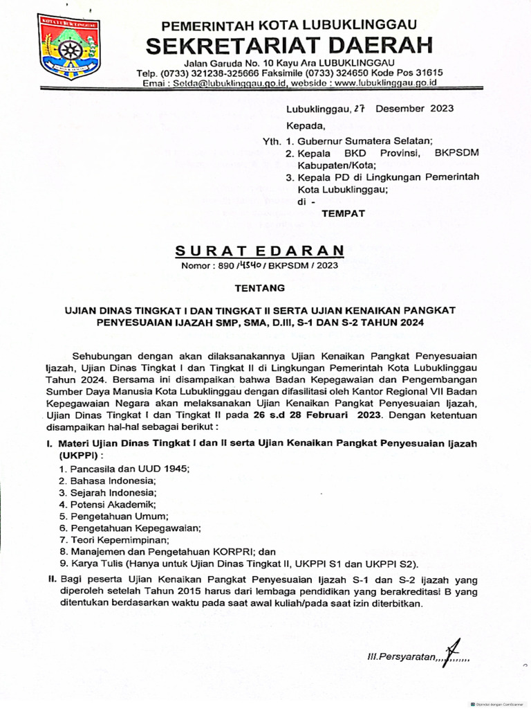 Surat Edaran Ujian Dinas | PDF