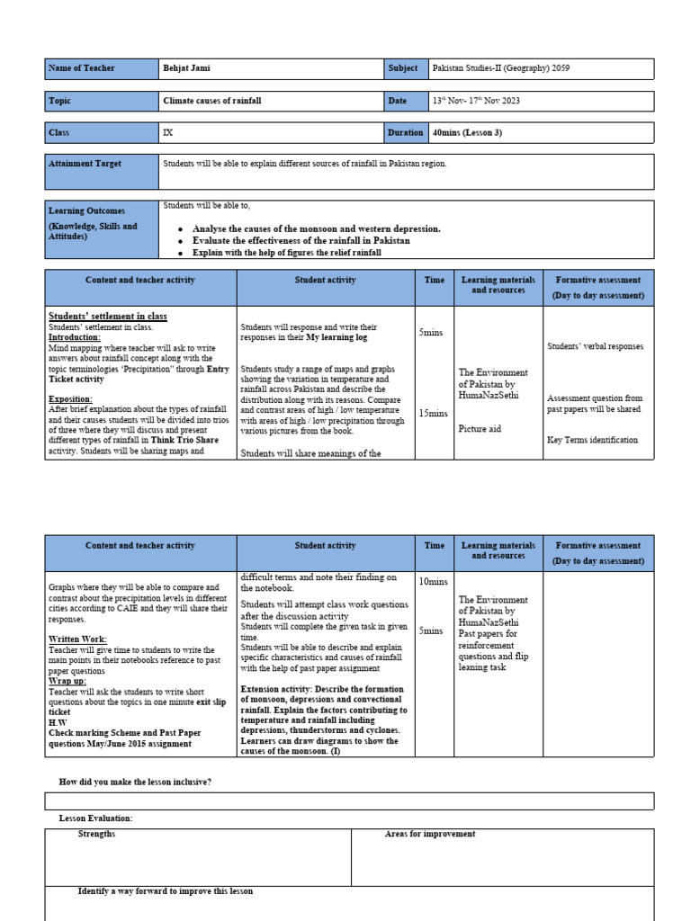 Climate Lesson Plan | PDF | Precipitation | Teachers