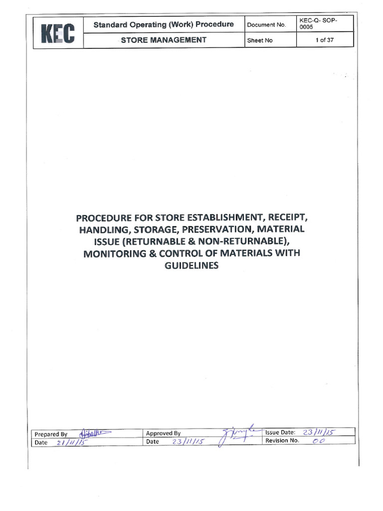 SOP-0005-Standard Operating (Work) Procedure - Store Management | PDF ...