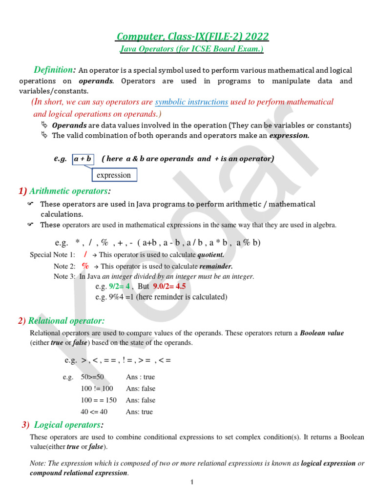 Java Definitions of Operators, CH-2 (Class - Ix, 2022) | PDF | Integer | Mathematical Logic