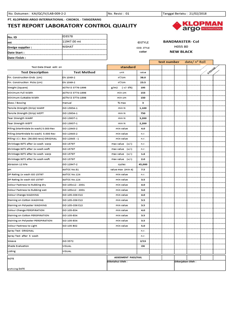 Test Report Laboratory Control Quality: Standard Test Description Test ...