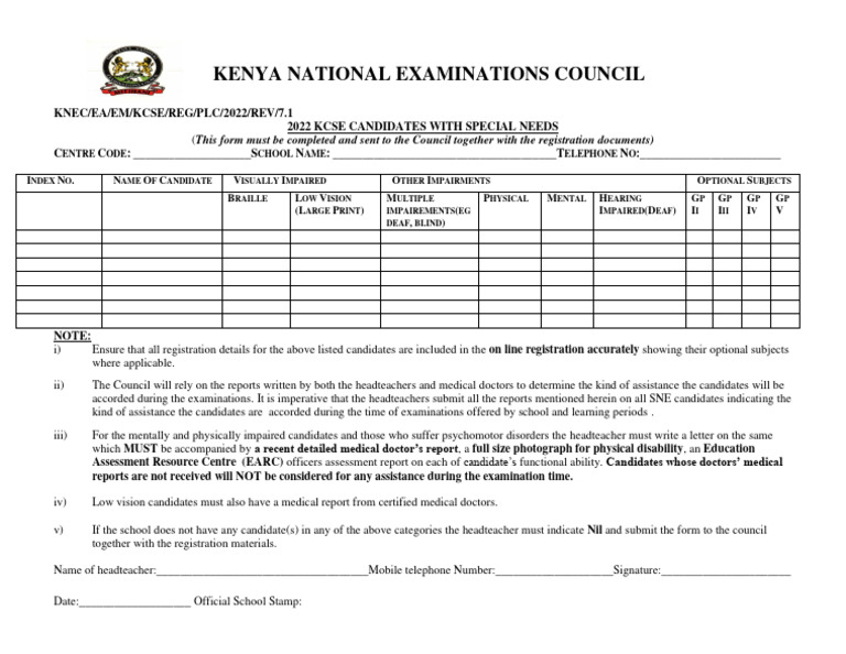 2022 KCSE Registration for Special Needs | PDF | Business | Computers