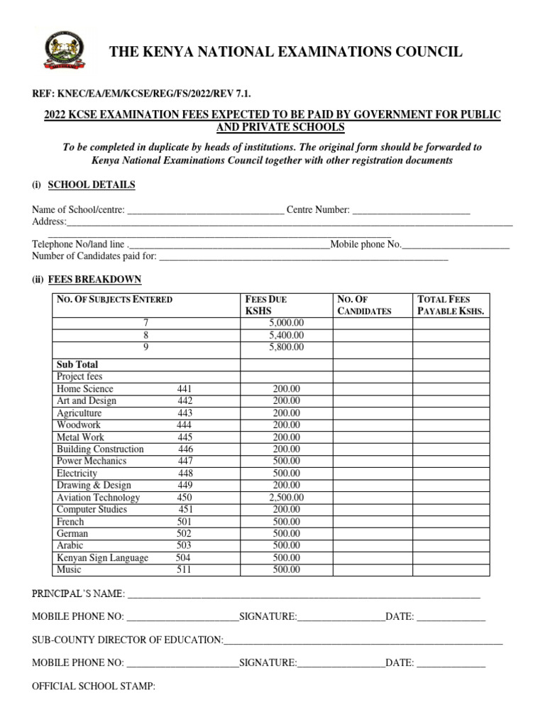 2022 KCSE Fees Summary For Schools Funded by MoE | PDF