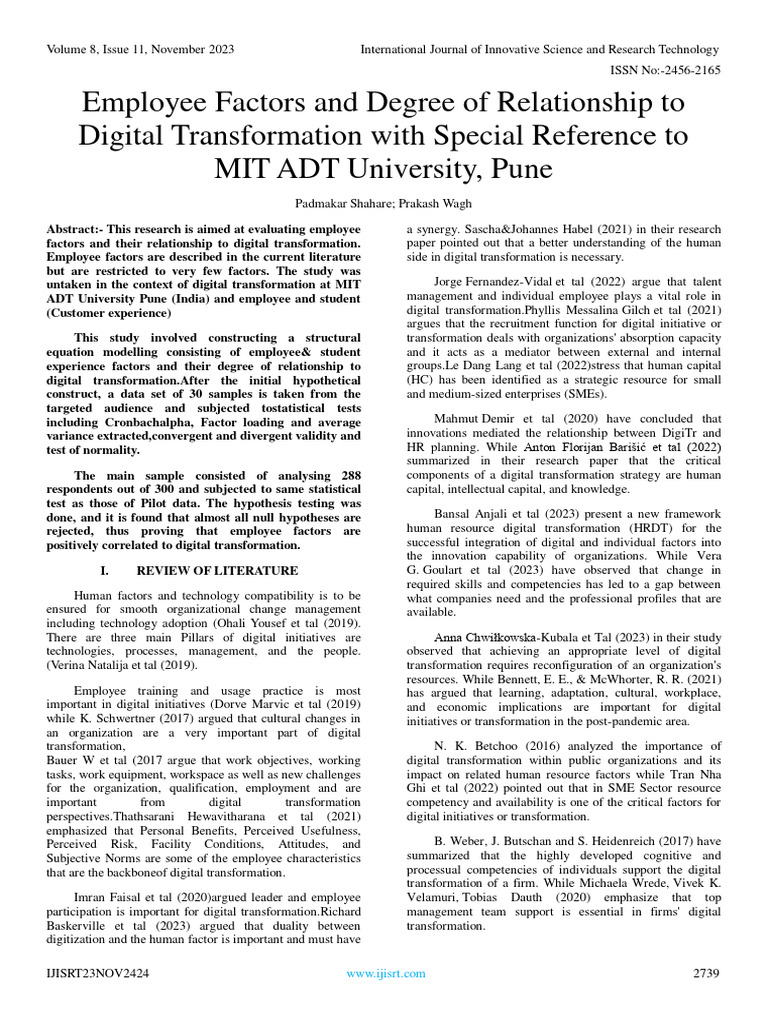 Employee Factors and Degree of Relationship To Digital Transformation With Special Reference To ...