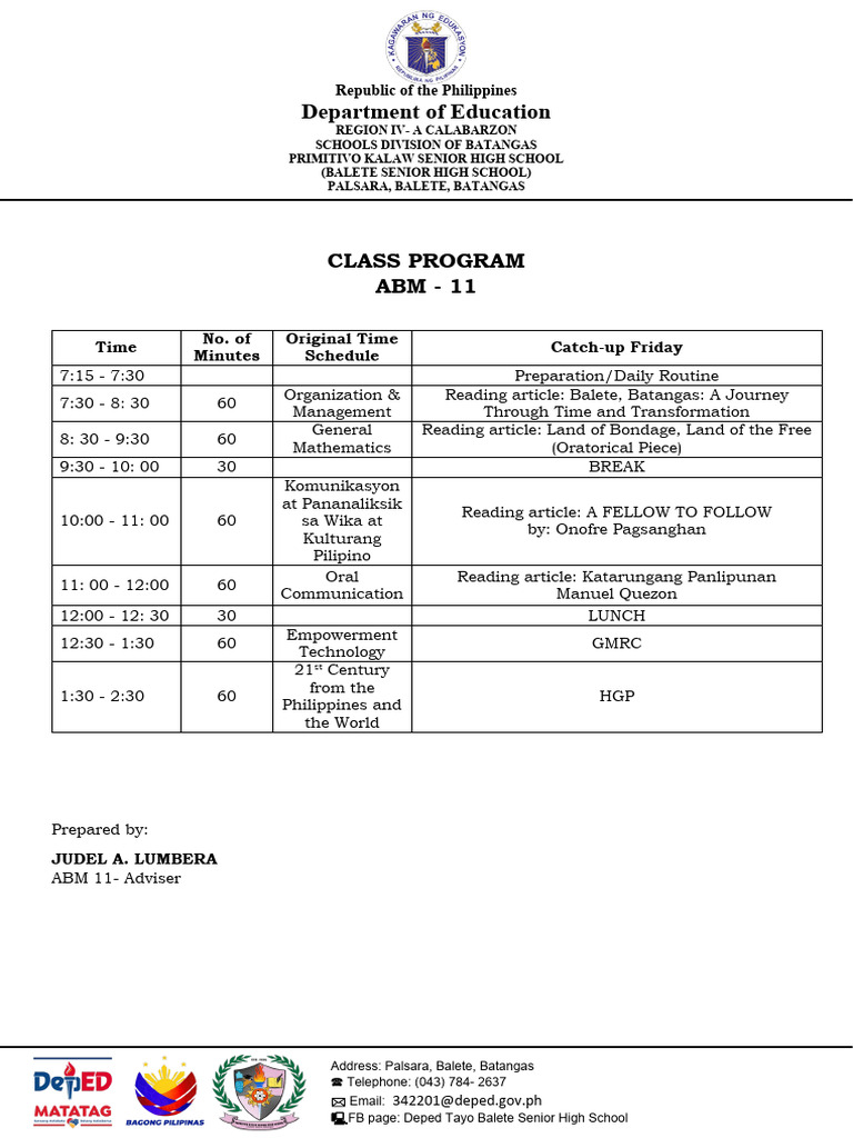 ABM - 11 Catch-Up Fridays Class Program | PDF | Philippines