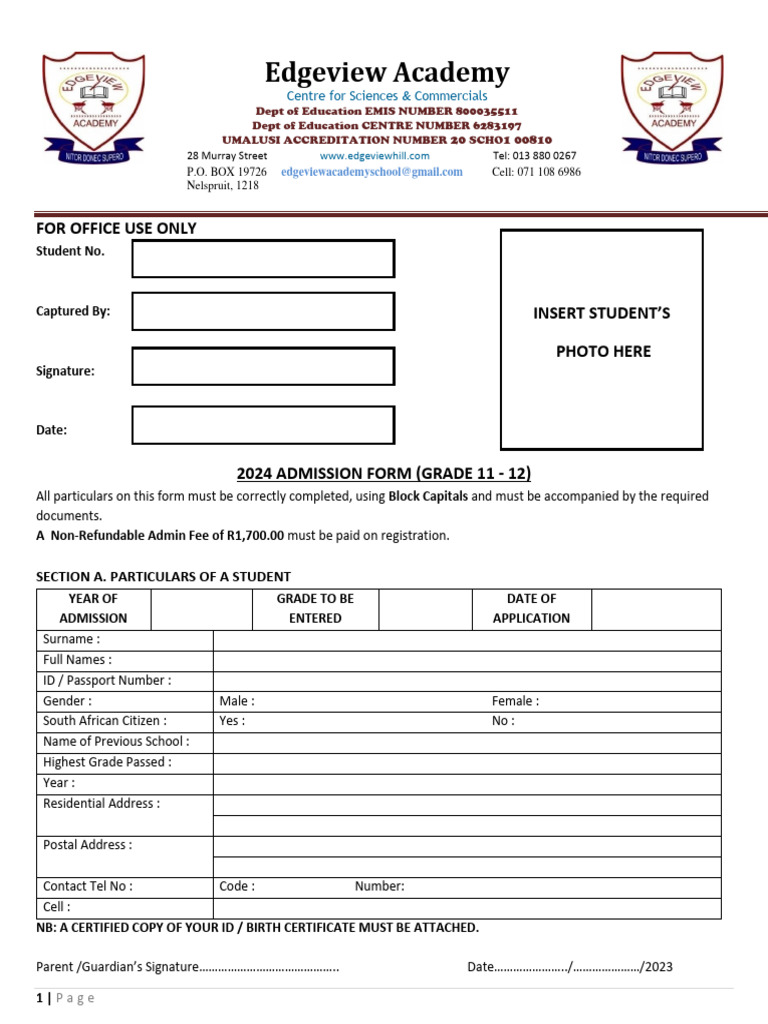 Grade 11-12 Application Form 2024 | PDF