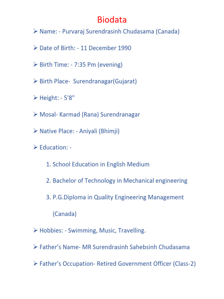 Purvaraj Chudasama Biodata Overview | PDF
