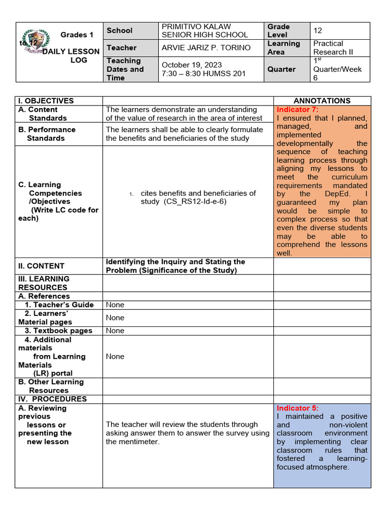 Cot 1 PR2docx | PDF | Teachers | Learning