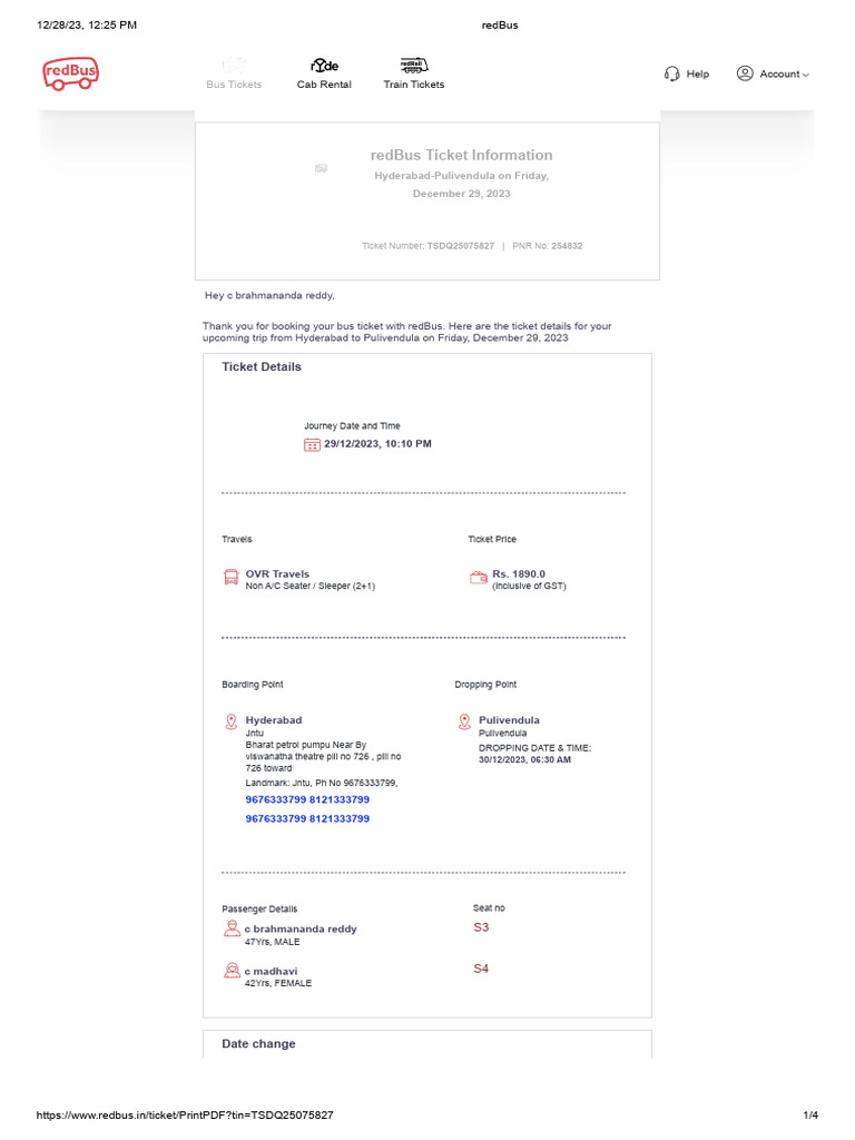 Redbus Ticket Information: Bus Tickets | PDF | Bus | Ticket (Admission)