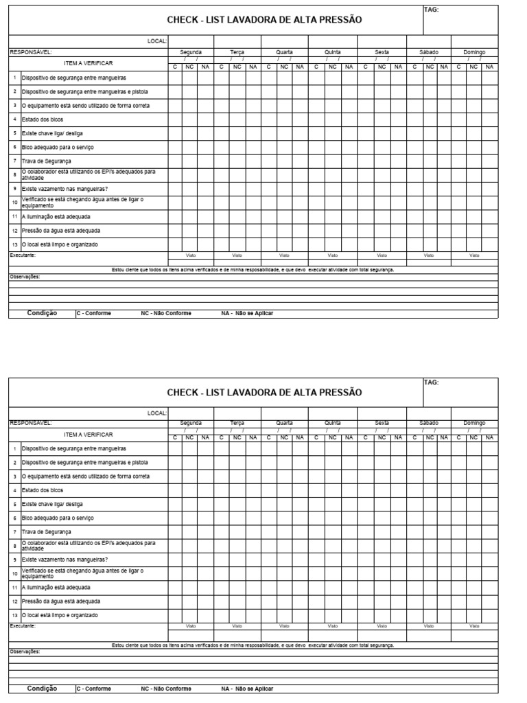 Check List Lavadora de Alta Pressão | PDF