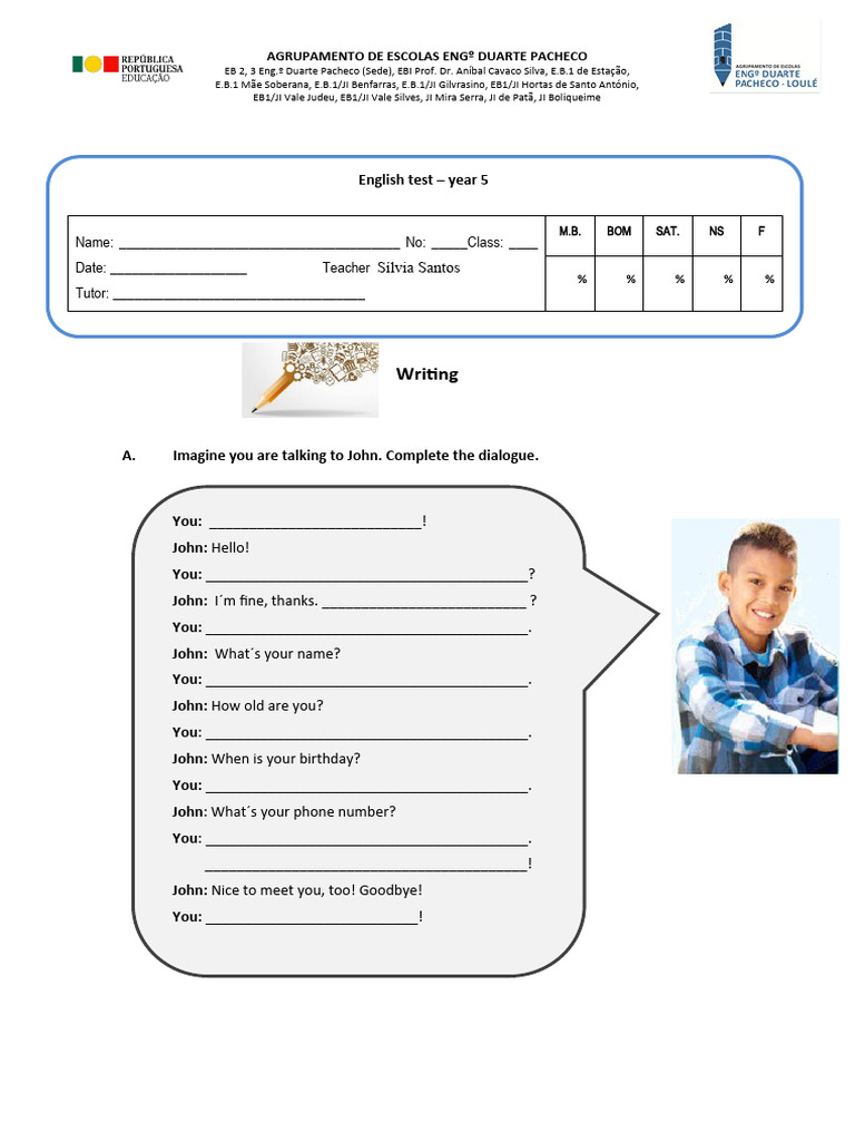 Writing Test 1st Term - 5.º Ano | PDF