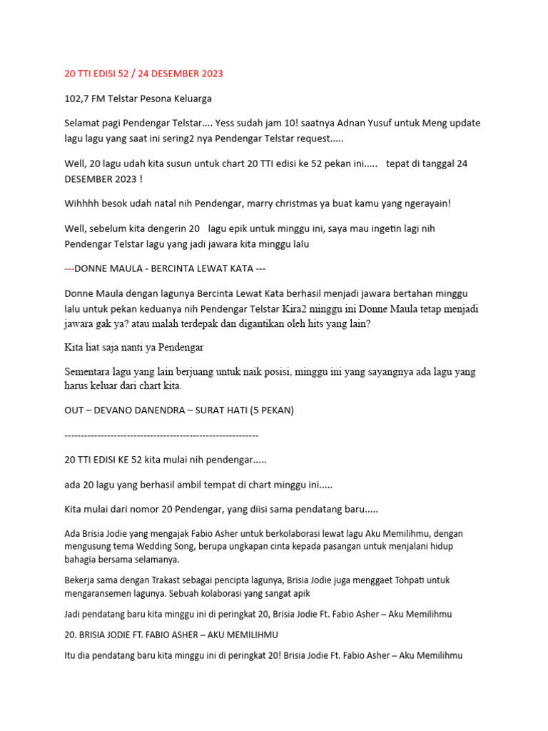 Contoh naskah chart lagu Indonesia | PDF
