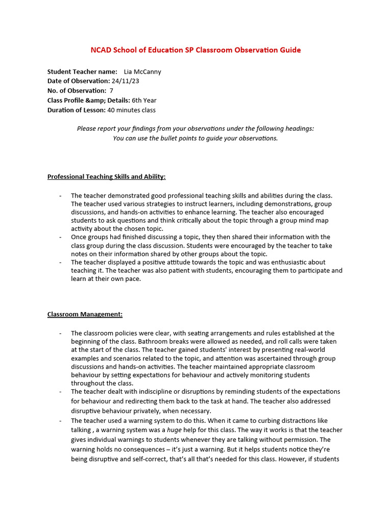 SP Classroom Observation 7 | PDF
