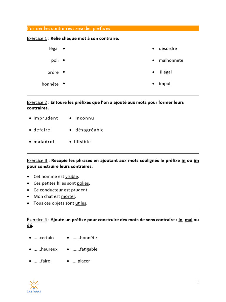 Les Contraires Avec Préfixes Pour La Classe | PDF