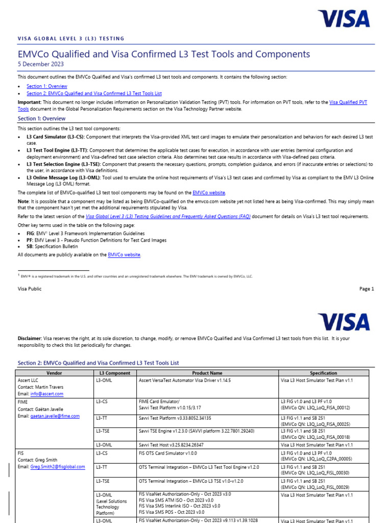 EMVCo Qualfied and Visa Confirmed L3 Test Tools - 120523 | PDF ...