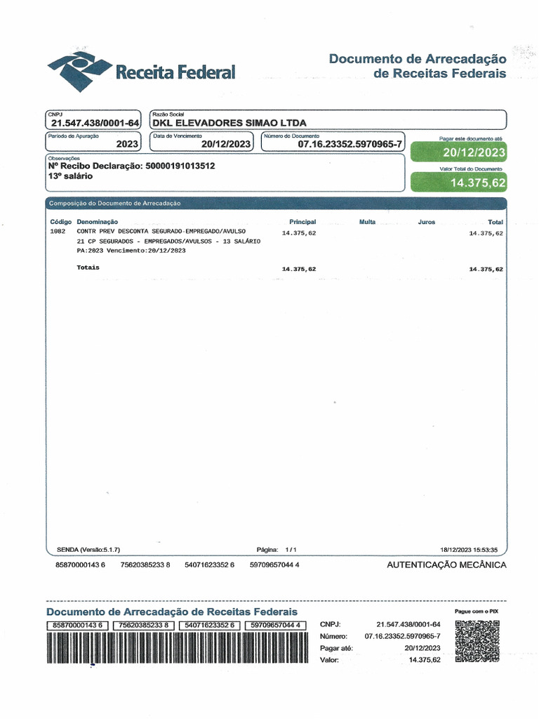 Comprovante Darf DKL Décimo Terceiro Dezembro 2023 | PDF