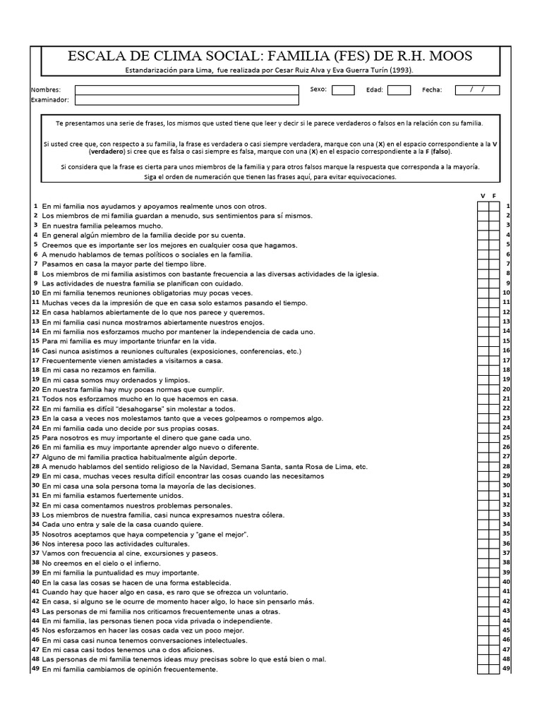 ESCALA DE CLIMA FAMILIAR FES Peru | PDF