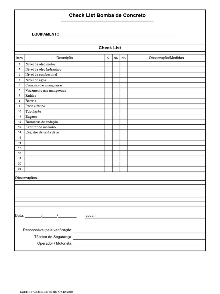 Check List Bomba de Concreto | PDF | Tecnologia e Engenharia